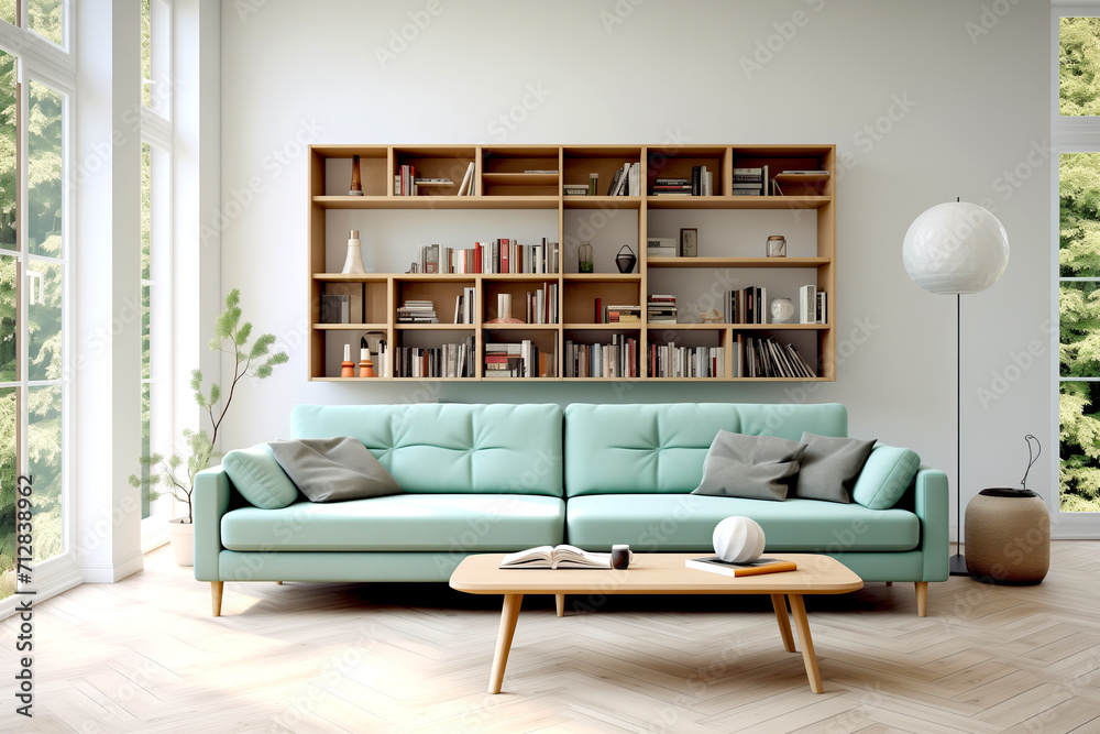 Modern living room interior design scandinavian style, aqua green sofa, rectangular coffee table ...