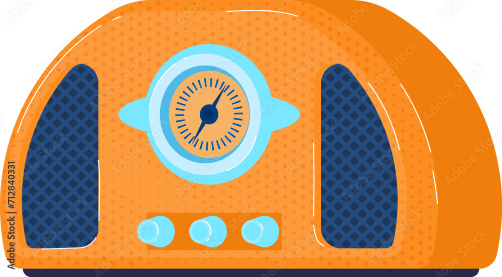 Orange retro radio with blue speakers and dial. Vintage radio receiver ...