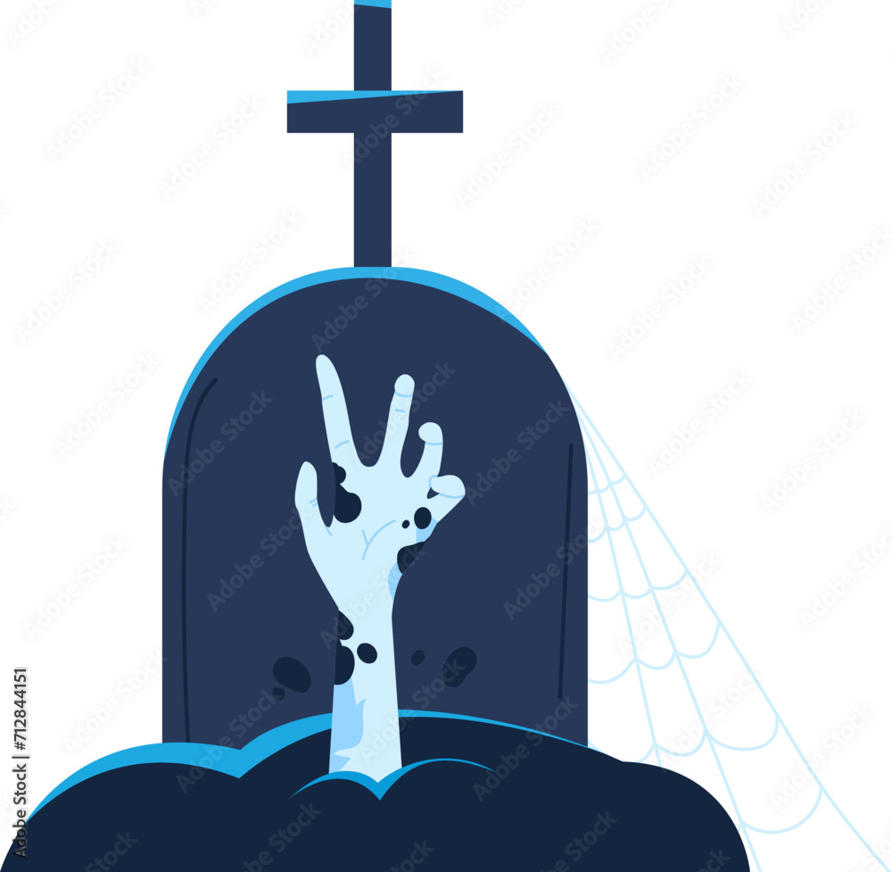 Zombie hand rising from grave under moonlight. Spooky graveyard scene ...