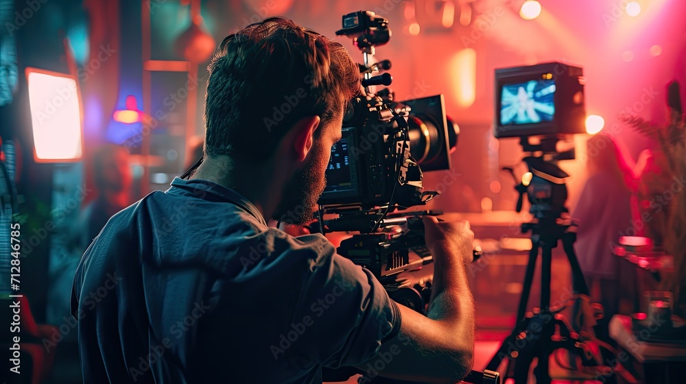 Cameraman working on professional camera taking film interview ...