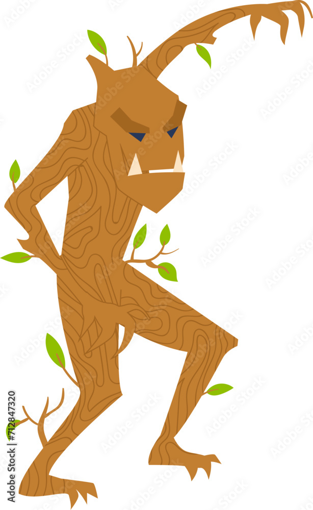 Animated wooden tree monster with green leaves. Fantasy creature design ...
