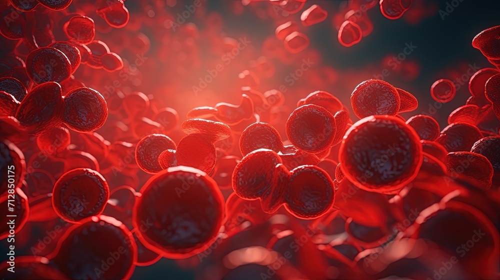 Vivid close-up rendering of red blood cells in a blood vessel with a ...