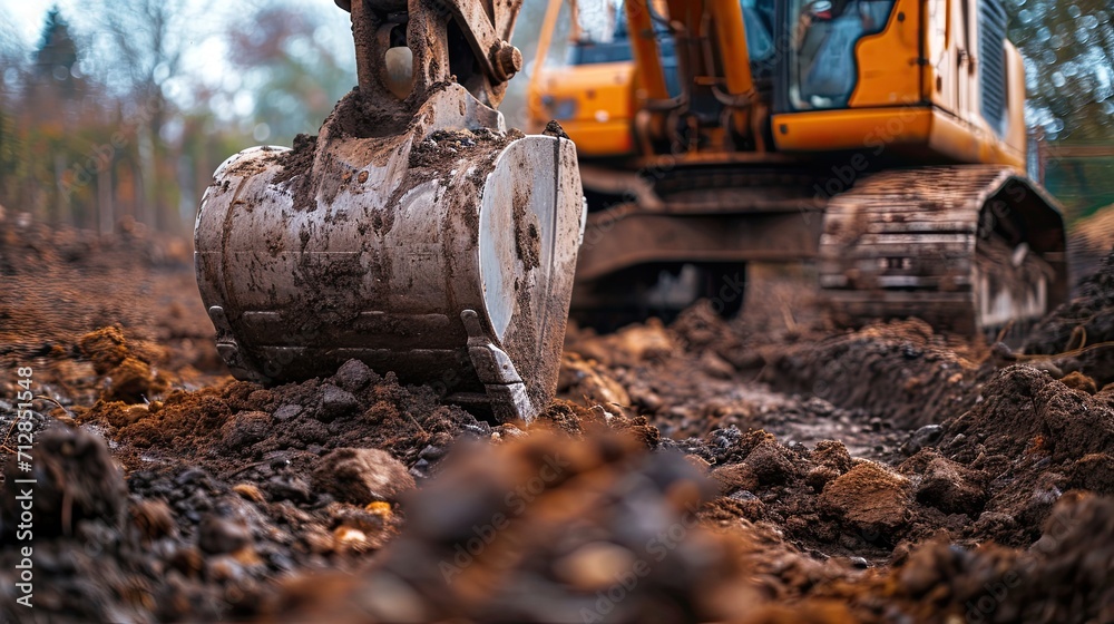 Backhoe working by digging soil at construction site. Crawler excavator ...