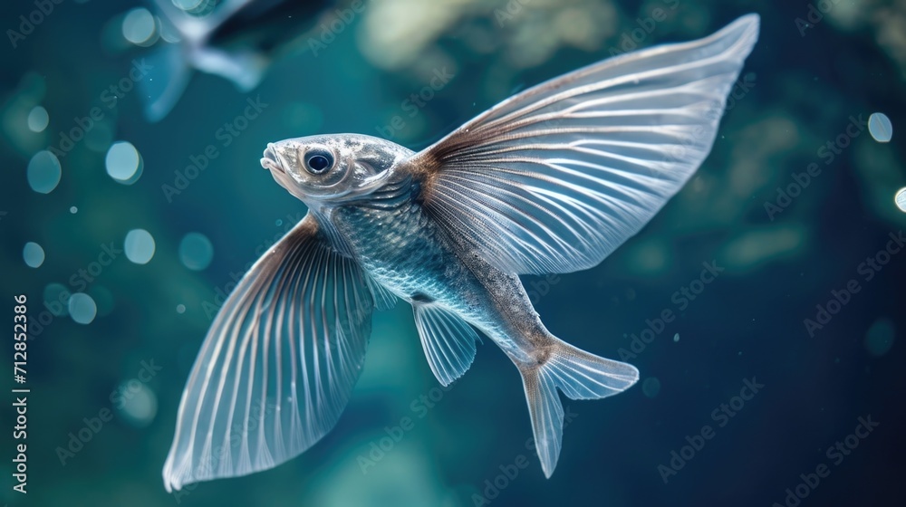 Closeup of a flying fishs distinctive winglike fins expertly ...