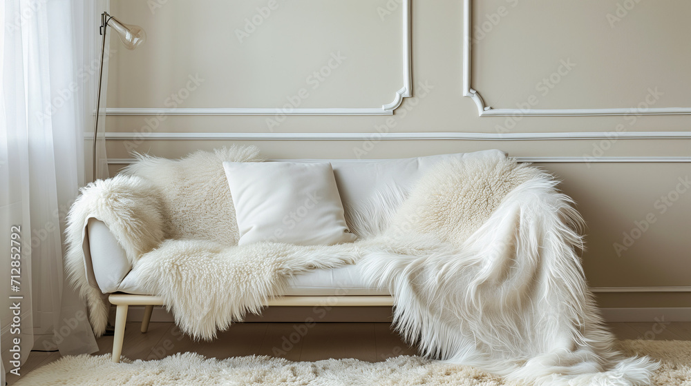 Cozy cute sofa with white furry sheepskin fluffy throw and pillows ...