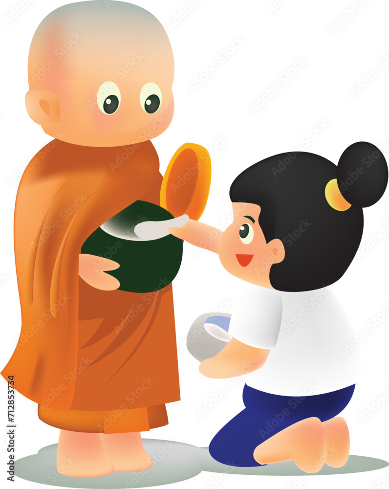 Cartoon vector woman giving alms to monks Stock Vector | Adobe Stock