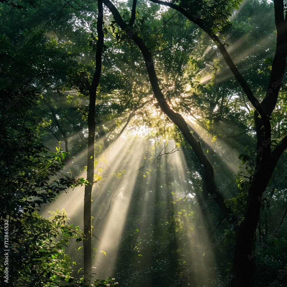 morning sun light rays piercing through the tree generated by ai Stock ...