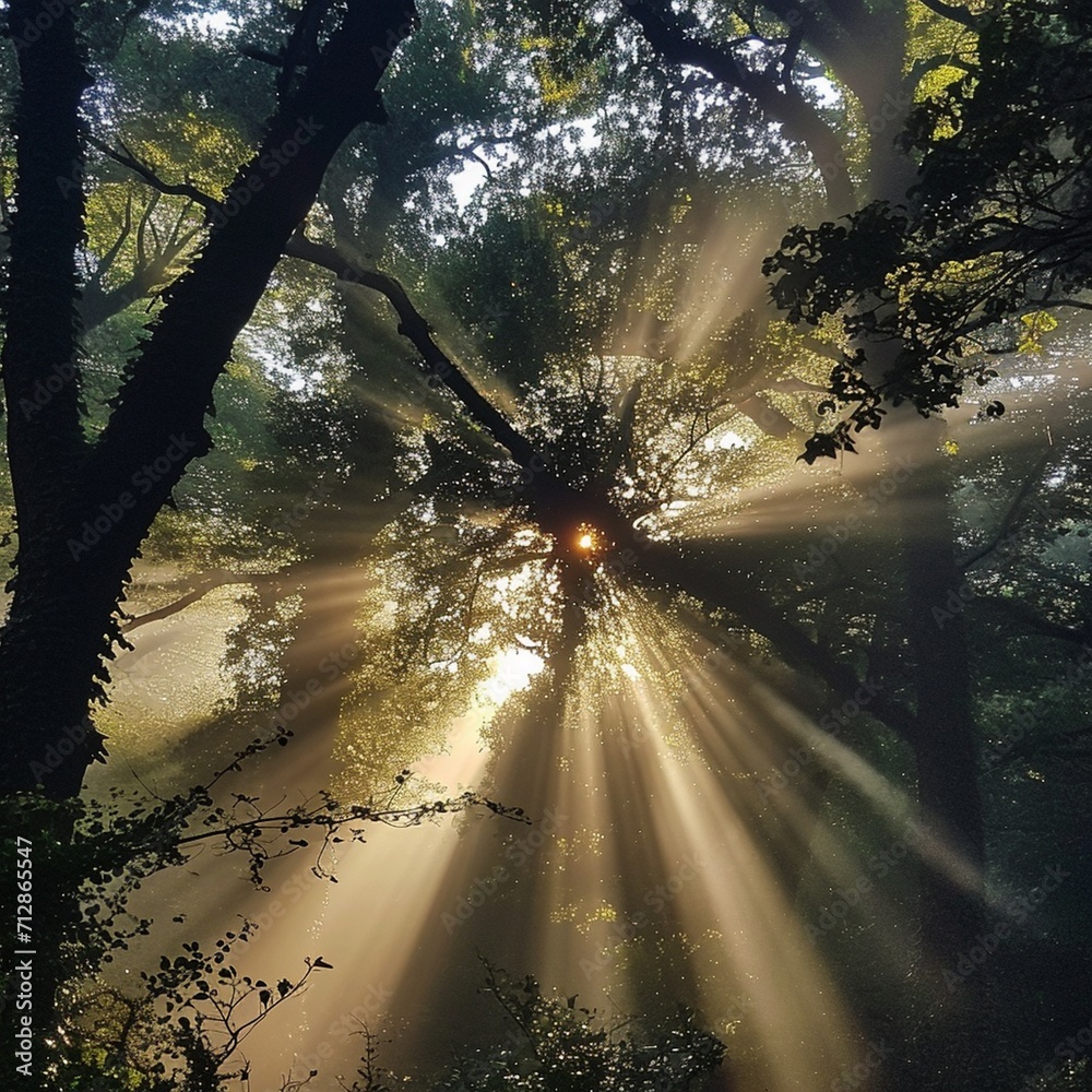 morning sun light rays piercing through the tree generated by ai Stock ...