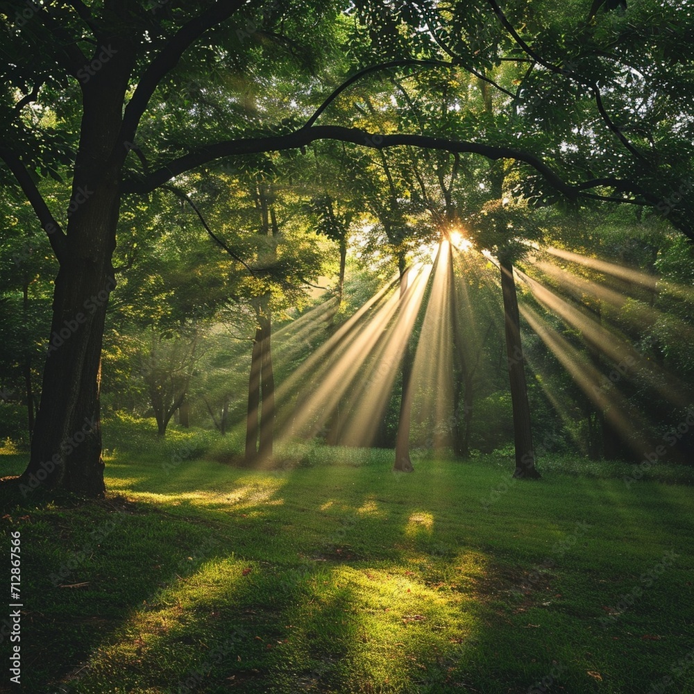 morning sun light rays piercing through the tree generated by ai Stock ...