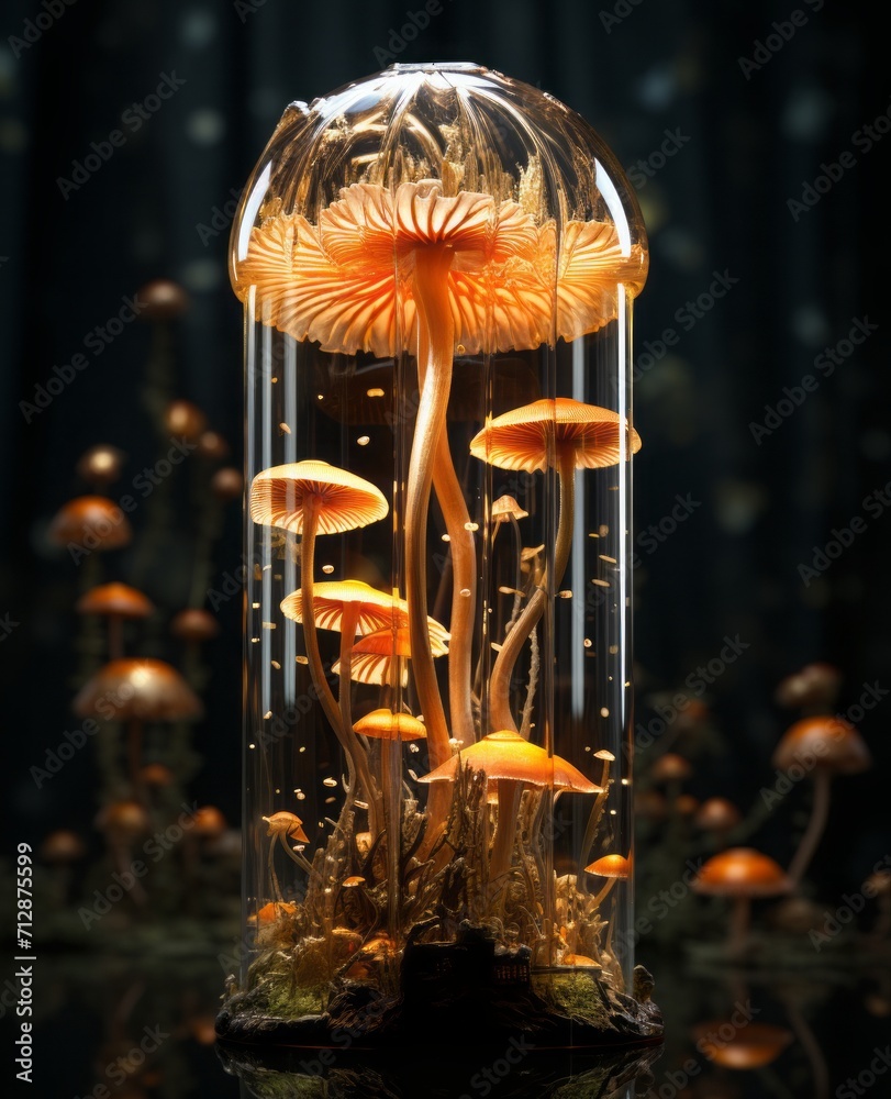 Smooth 3D render of a tiny golden mushroom creature, floating in a ...