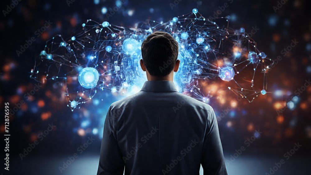 backside far view of a man looking at AI technology background ...