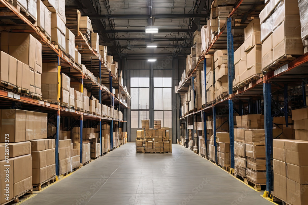 Explore the vastness of our warehouse scene, filled with neatly stacked ...
