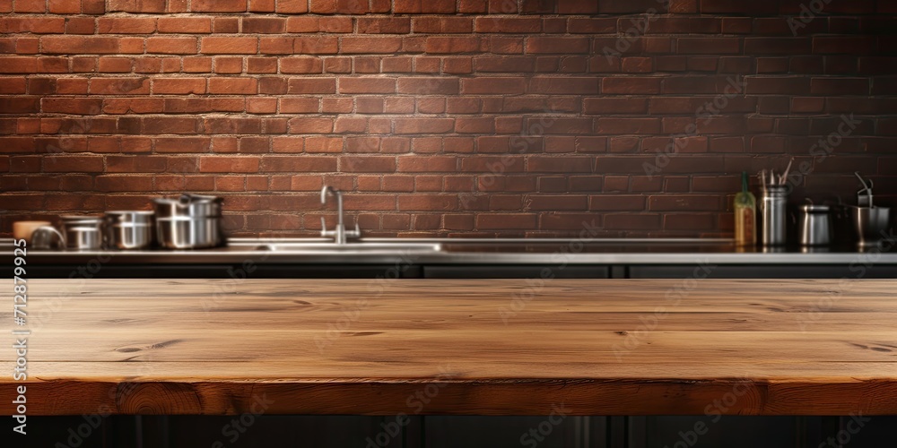 Versatile background of restaurant kitchen with wooden tabletop for ...