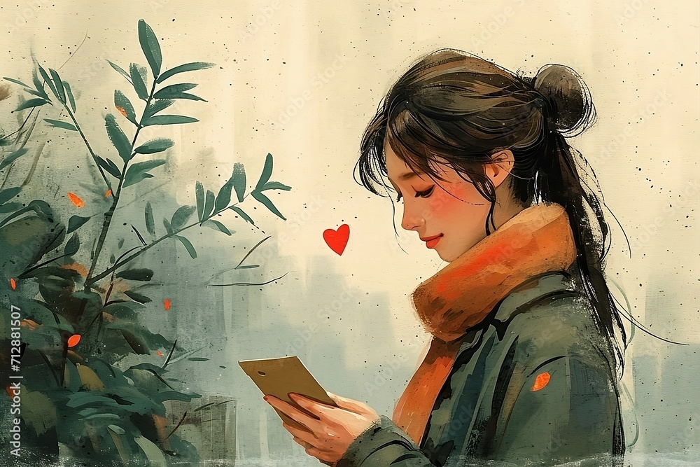 illustrations of stylized love letters or notes exchanged digitally ...