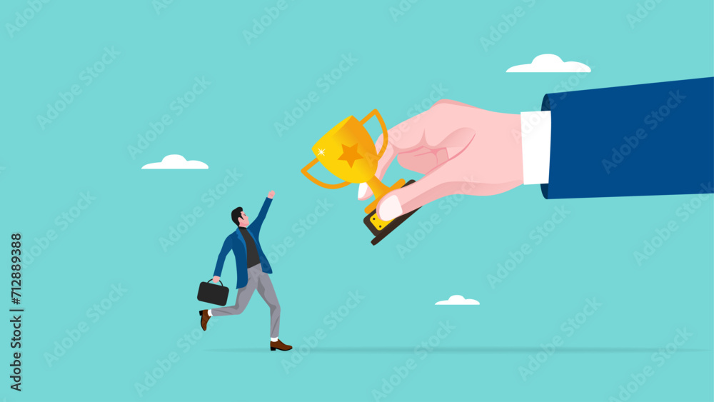 office worker achieve trophy from businessman hand vector illustration ...