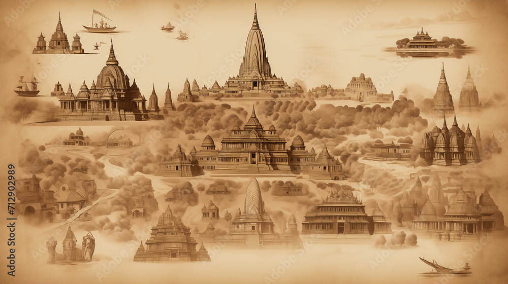 Illustrative concept of vintage map showing ancient Hindu ruins in ...
