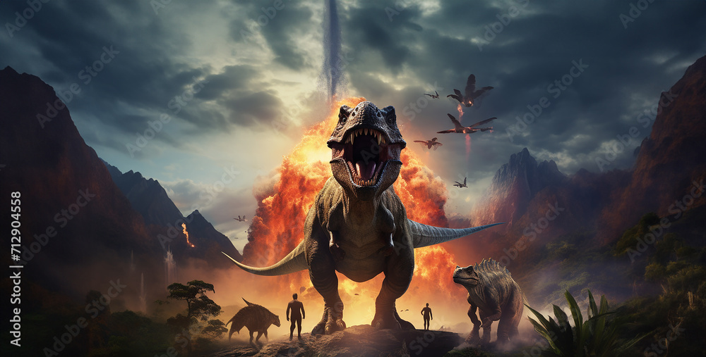 Dinosaur Volcanic Eruption Illustration, Dinosaur in the fire. 3D ...