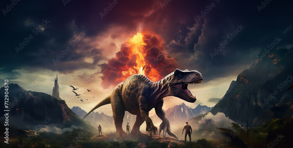 Dinosaur Volcanic Eruption Illustration, Dinosaur in the fire. 3D ...