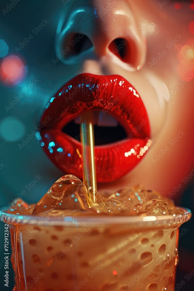 Red lips are sucking on a bubble tea straw Stock Photo | Adobe Stock