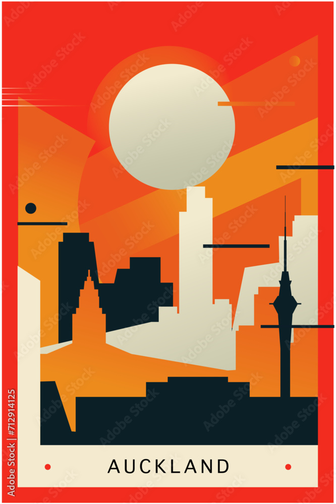 Auckland city brutalism poster with abstract skyline, cityscape retro ...