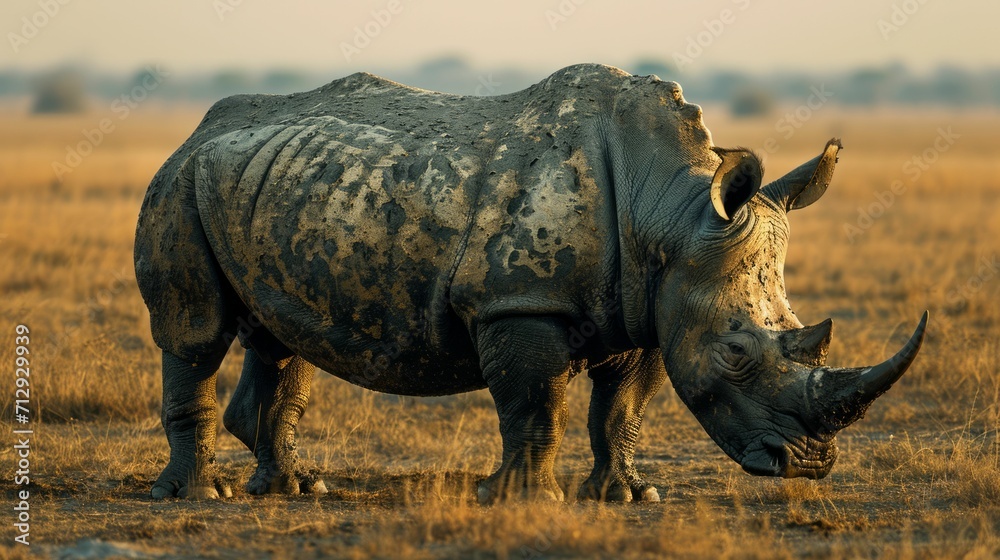 Dusty Rhino in a Dry Savannah. A rugged rhinoceros, skin caked with dry ...