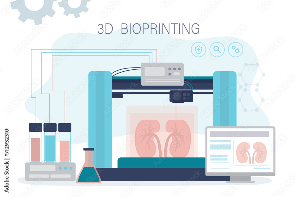 3D Bioprinter printing kidneys. Human organ replicating. Concept of ...