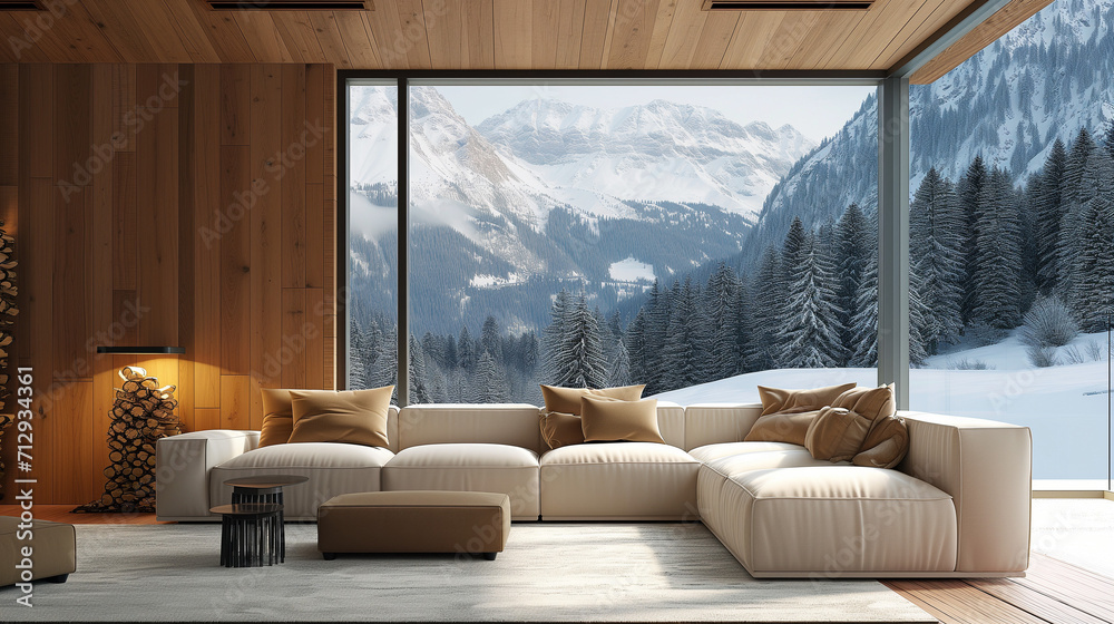 Corner sofa in room with wooden lining paneling wall and ceiling ...