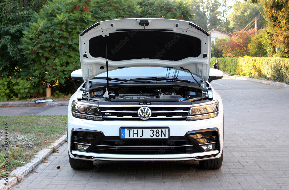 Vinnytsia, Ukraine; Sep 28, 2023. Volkswagen Tiguan R-Line open hood ...