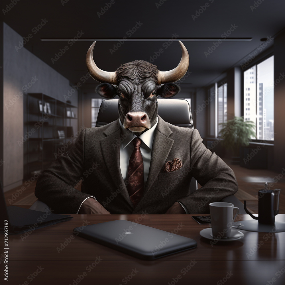 Bull In Business Suit like a Boss with an office table. bull ...