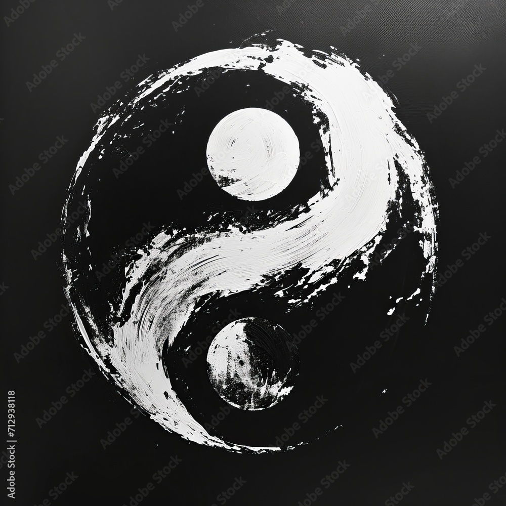 Roughly hand painted white and black yin and yang symbol with visible ...