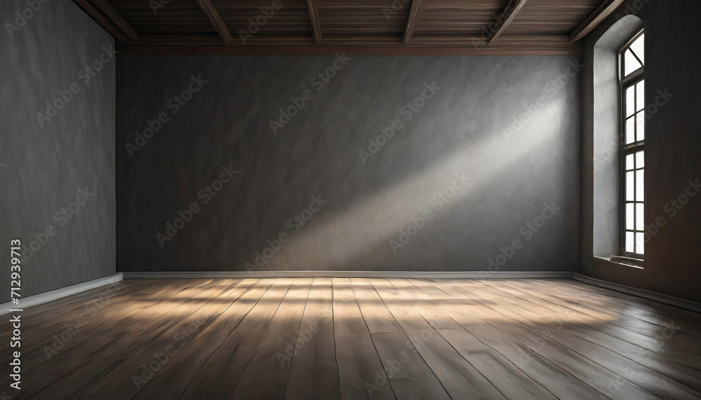 Discover an empty room with a warm wooden floor and a wall casting a ...