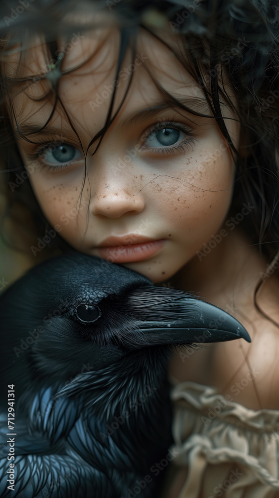 Foto de Very beautiful white blue-eyed little girl hugging a black ...
