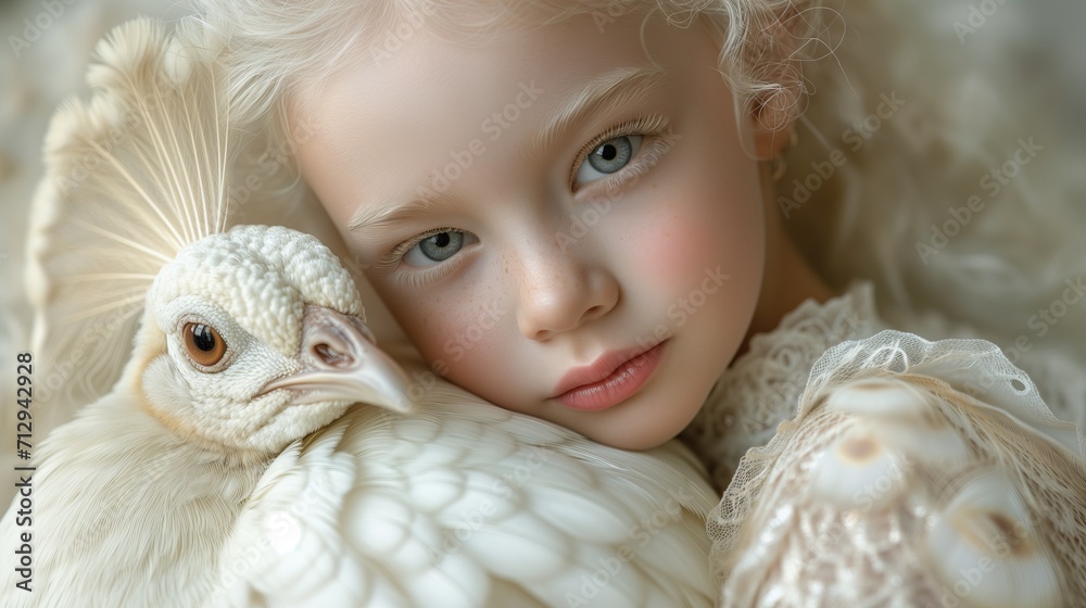 Very beautiful white girl, hugging a white peacock bird. Poster about ...