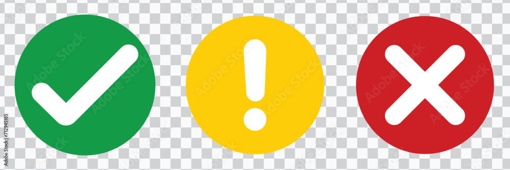 Set of flat round check mark, exclamation point, X mark icons, buttons isolated on a white ...