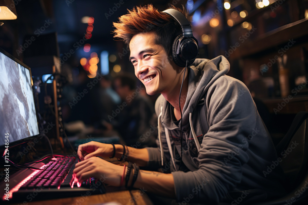 Happy young Asian teen boy gamer streamer playing online games in front ...