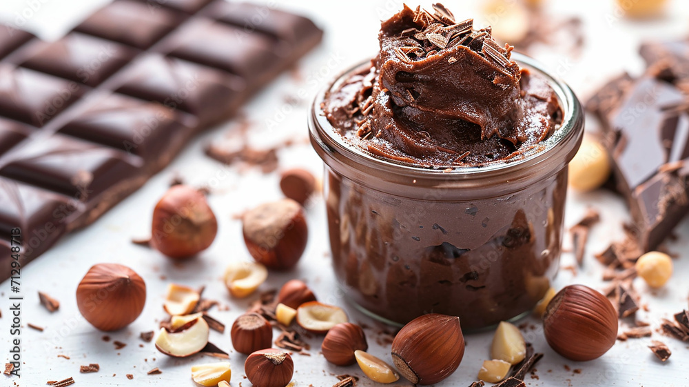 Chocolate paste in jar with hazelnuts on white backgrounds. Made with ...