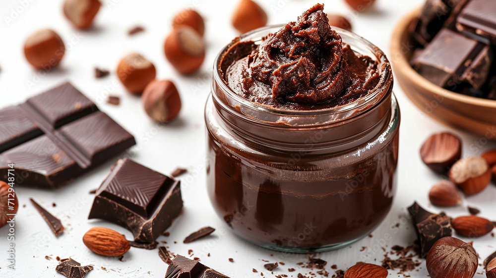 Chocolate paste in jar with hazelnuts on white backgrounds. Made with ...