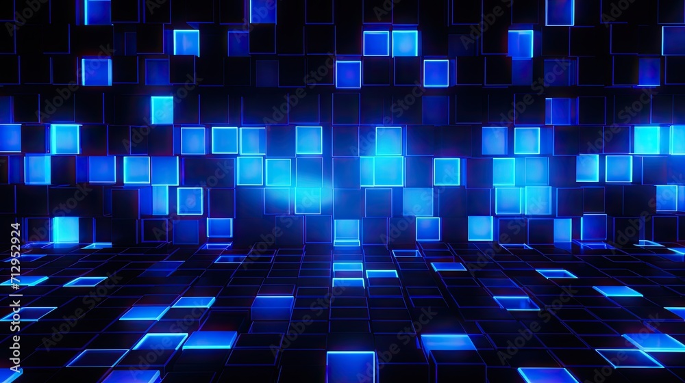 Background with neon blue squares arranged in a checkerboard pattern ...