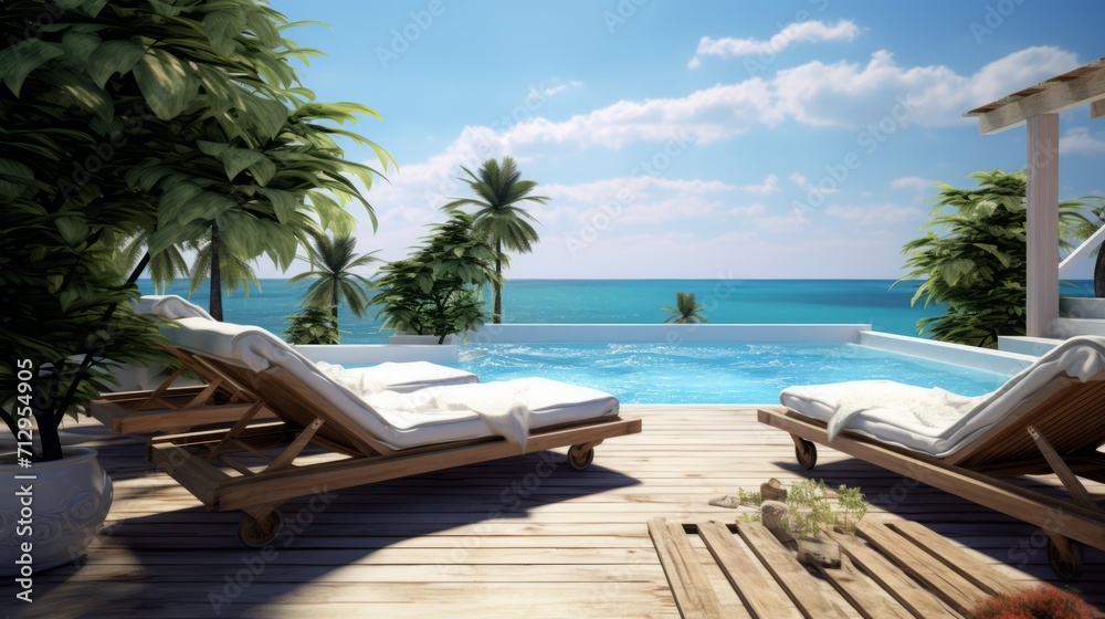 Elegant Oceanfront Infinity Pool with Sunbeds and Umbrella Stock Photo ...