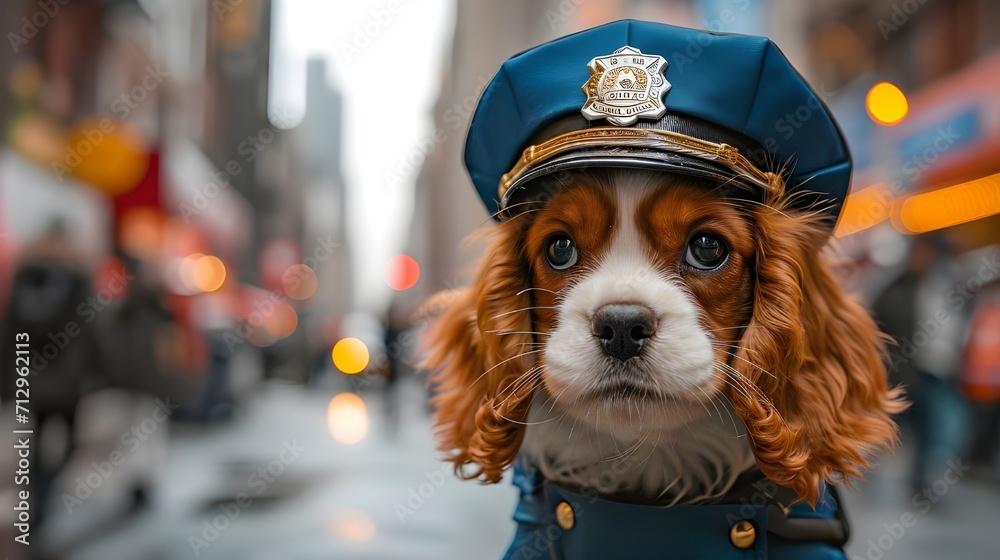 Cavalier King Charles Spaniel puppy wearing a uniform of police officer ...
