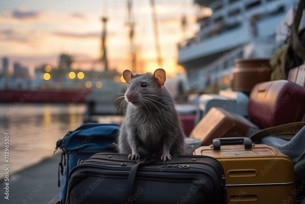 A rat tourist on a large suitcase against the backdrop of a ship and a ...