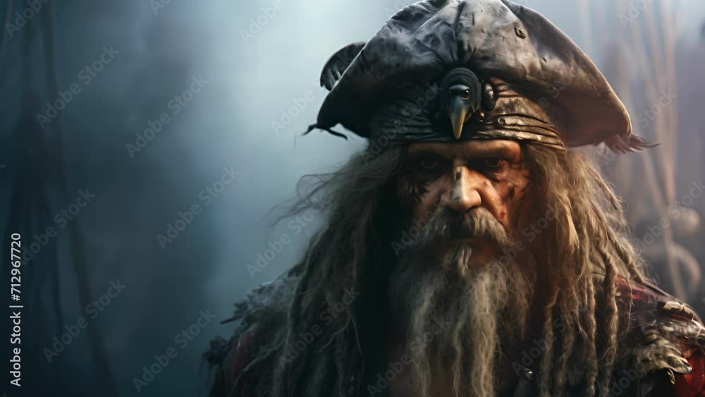 A mysterious and enigmatic pirate, with a shrouded face and a parrot on ...
