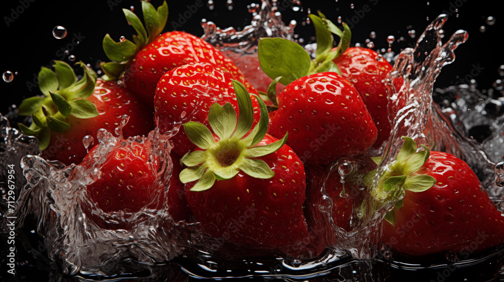 Vivid red strawberries cause a vigorous water splash, highlighting the ...