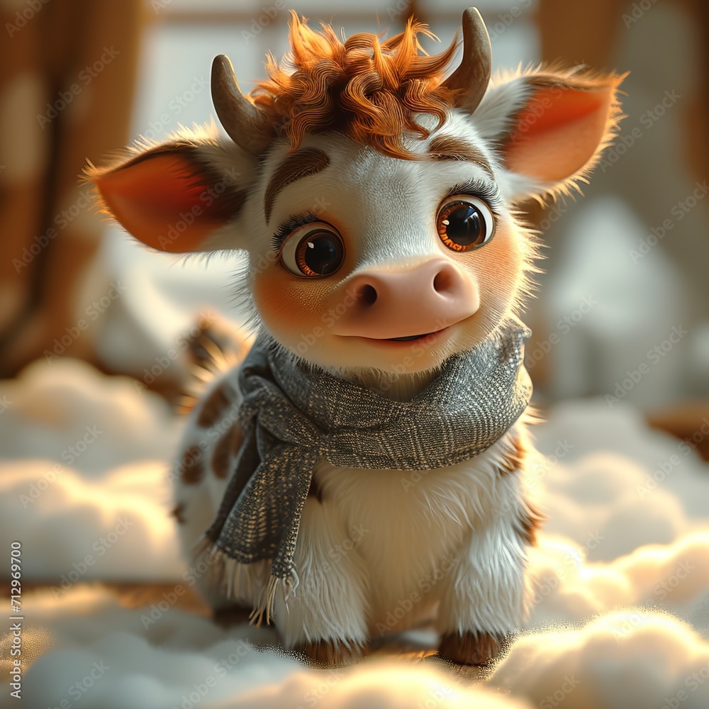 Cute cow character smiling, wearing scarf on simple background Stock ...