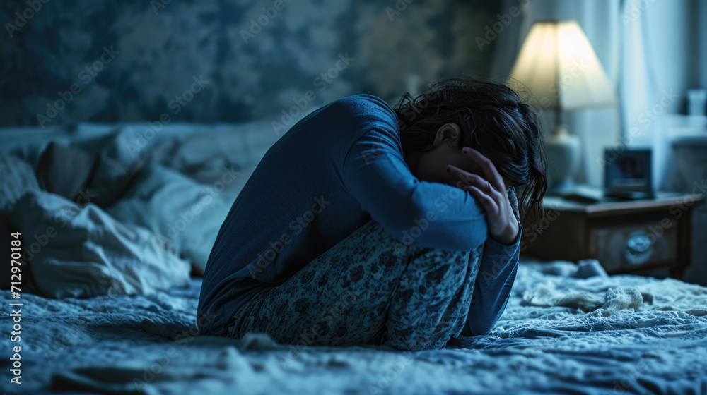 Person sitting on a bed with their head in their hands, appearing to be ...