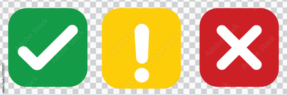 Set of flat square check mark, exclamation point, X mark icons, buttons ...