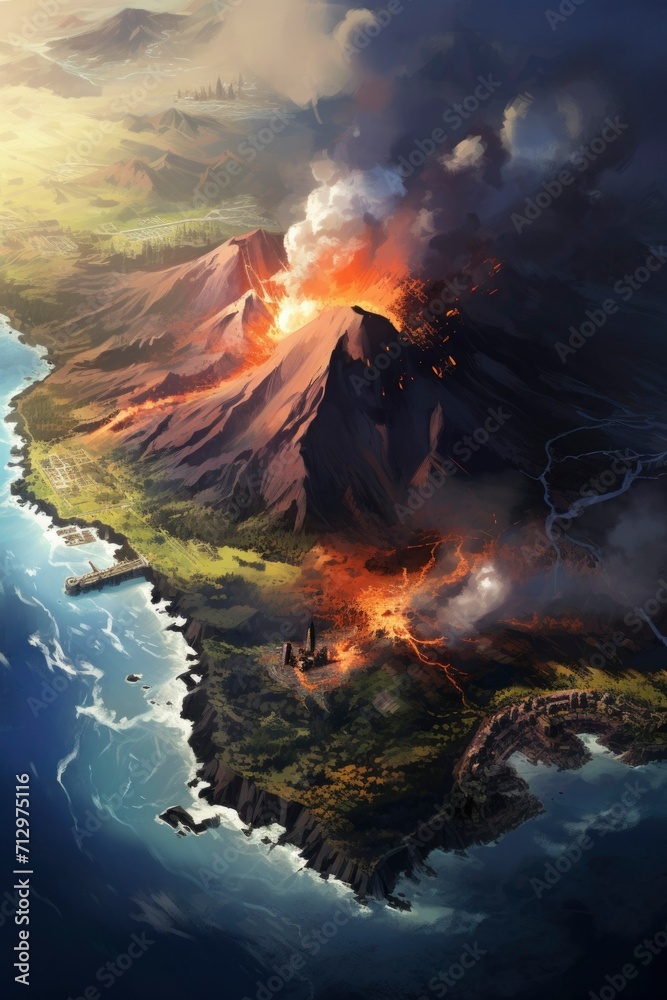 In this captivating scene designed for a computer game, an erupting ...