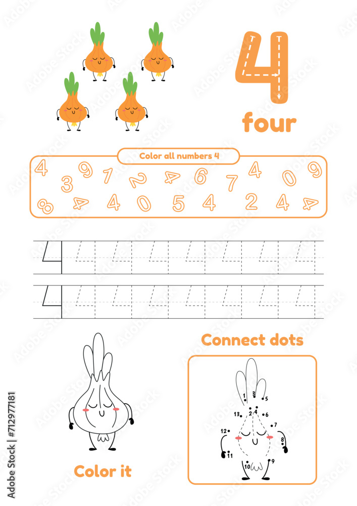 Color page, dot to dot, trace. Learning number 4. Many games on one ...