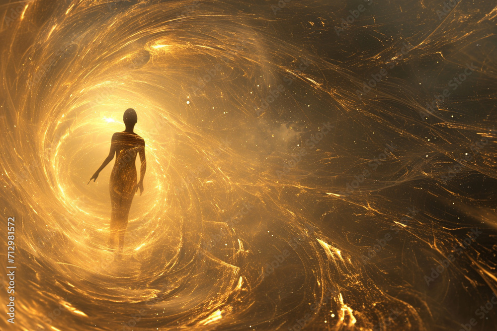 An abstract image of a person enveloped in a swirl of golden light ...