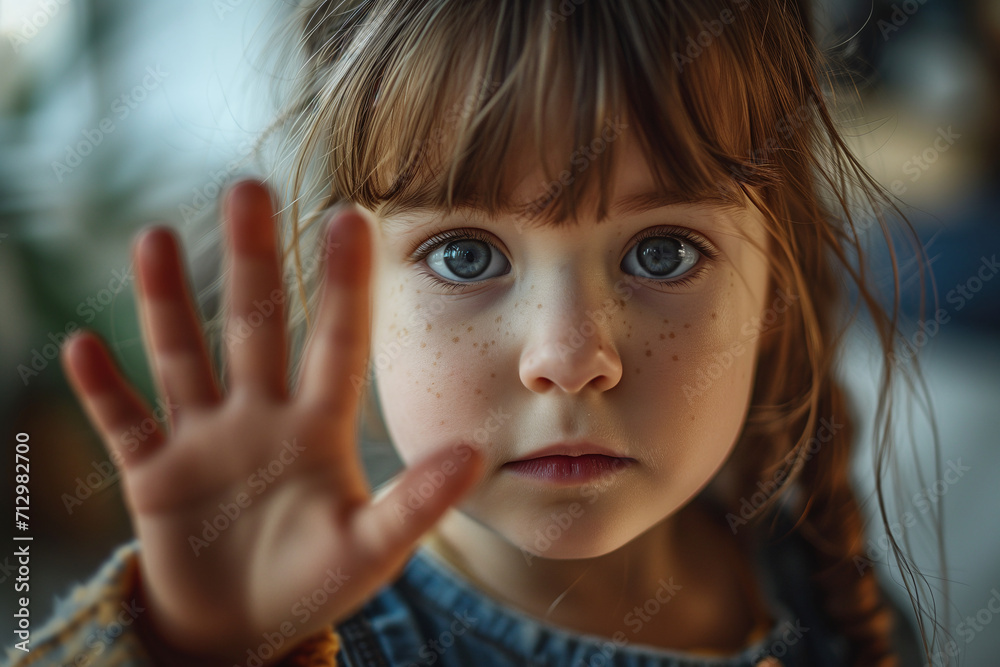 Portrait of a serious and scared little girl standing with outstretched ...